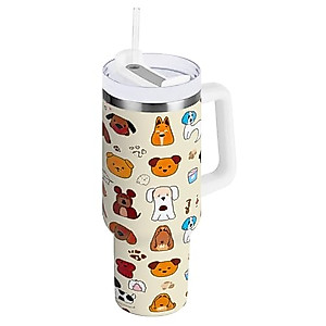 RPLIFE Cartoonish Dog Breeds Beige Stainless Steel Cup, Insulated Coffee Cups with Lids, Coffee Tumbler for Women