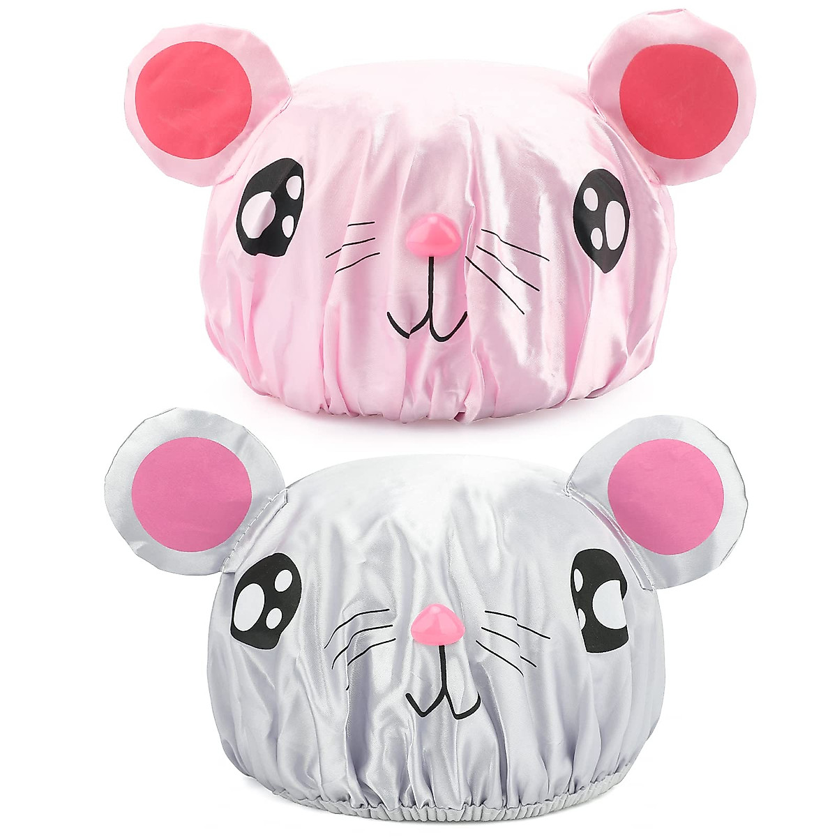 FirstKitchen Shower Cap for Kids, 2PCS Toddler Shower Cap, Cute Shower Cap with Double Layer, Kids Shower Caps for Girls Boys Child with Cartoon Animal(Pink Mouse + Gray Mouse)