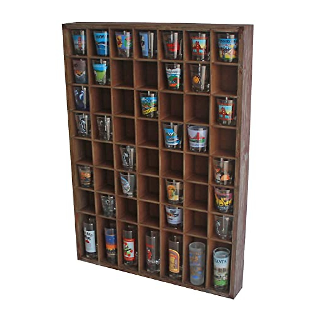 DisplayGifts Open Front Shot Glasses Display Case 56 Compartments Wall Mount Pint Glass Shadow Box Bar Collection or Small Items Display Shelving, No Cover on The Front, Rustic Brown Wood Frame