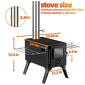 Hot Tent Stove,AVOFOREST Wood Burning Stove,Small Wood Stove with 7 Stainless Chimney Pipes for Outdoor Heating & Cooking, Ice Fishing, Hunting