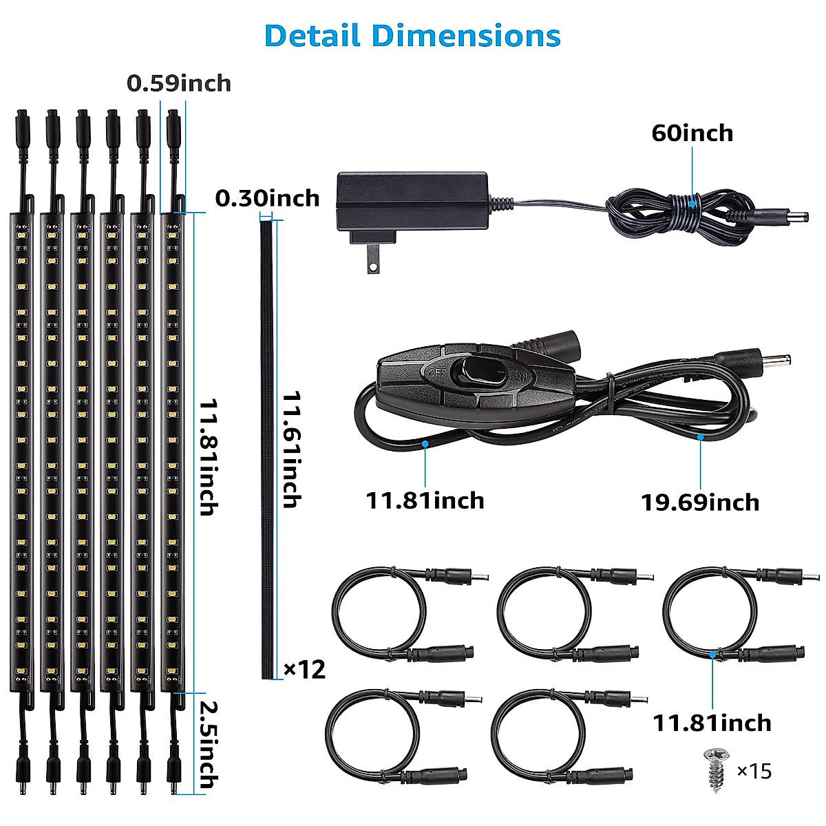 TORCHSTAR LED Safe Lighting Kit, (6) 12 Inch Linkable Light Bars + Rocker Switch + UL Power Adapter, 900LM, Input 100-240V, for Under Cabinet Gun Safe Locker Closet Showcase, 5000K Daylight