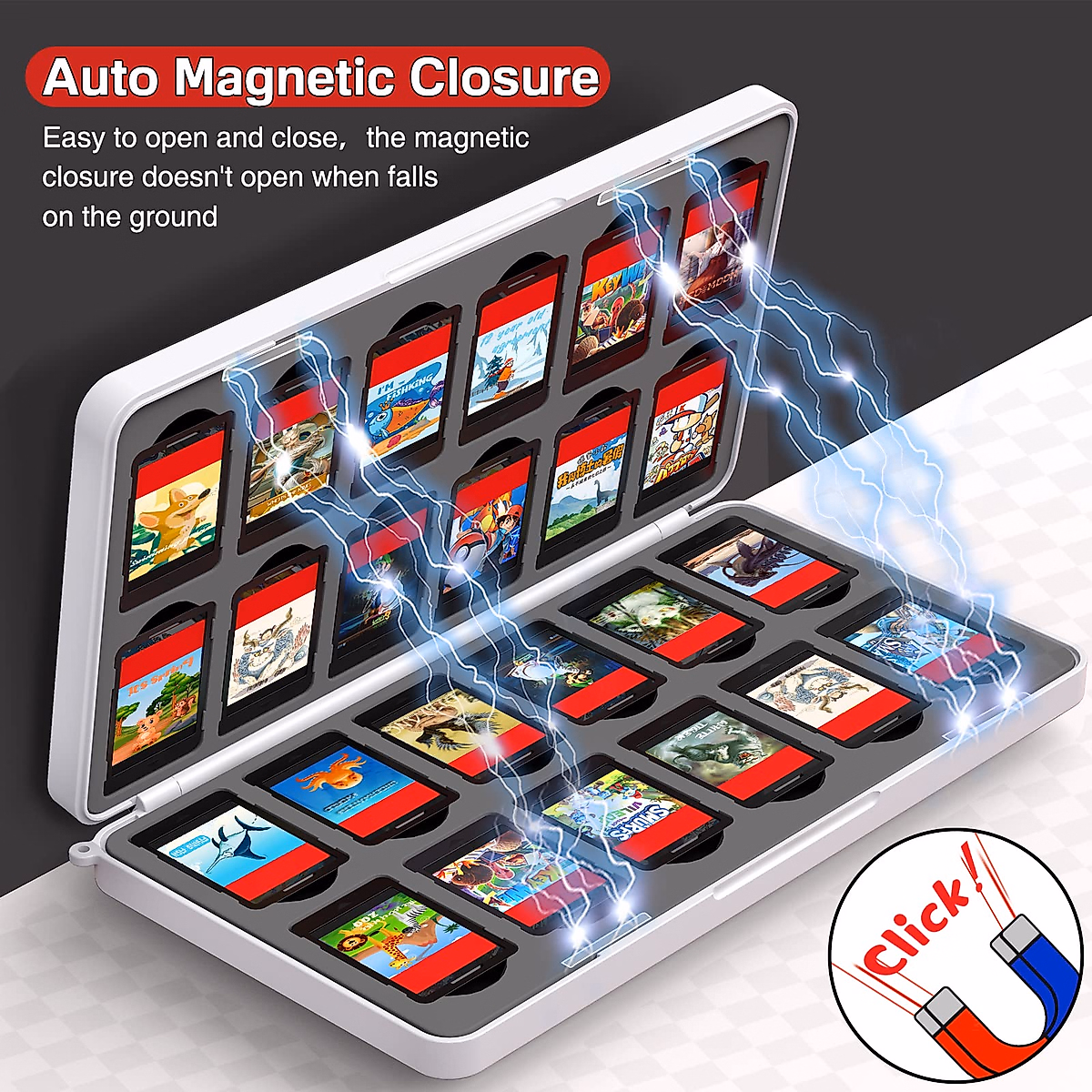 CYKOARMOR Switch Game Card Case Holder - Storage 24 Games & 24 Micro SD Card, Case Organizer Cartridge for Nintendo Switch/OLED/Lite, Hard Shell, Magnetic Closure, Soft Rubber, Plaid Grey White