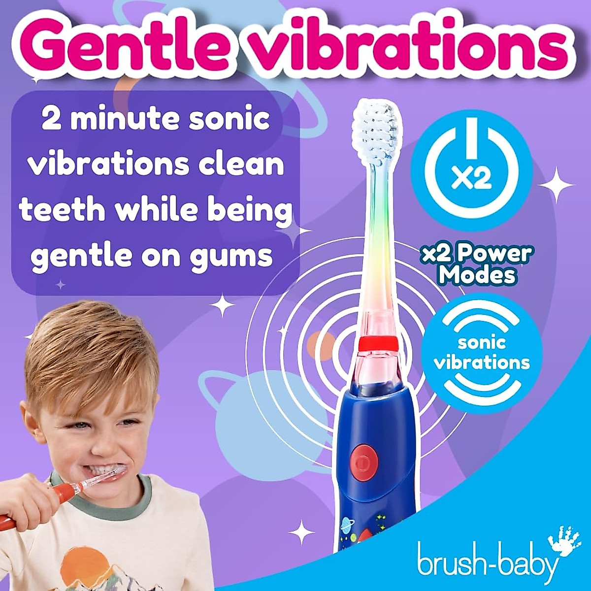 Brush Baby KidzSonic Toddler and Kid Electric Rocket Toothbrush for Ages 3+ Years - Disco Lights, Gentle Vibration, and Smart Timer Provide a Fun Brushing Experience - (2) 3+ yrs with Brush Heads