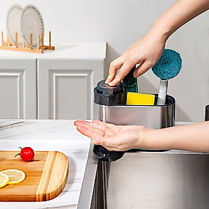 SDlumeiy Stainless Steel and Plastic Soap Dispenser with Sink Caddy, Stainless Steel Sponge Holder, Brush Holder, Kitchen Sink Organizer 7x5x6.4 inches Silver Gray