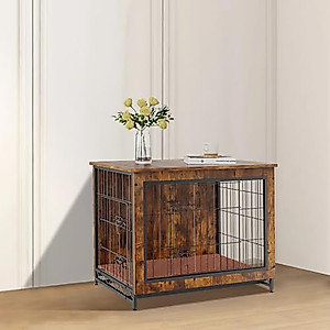 VEVOR Dog Crate Furniture, 32 inch Wooden Dog Crate with Double Doors, Heavy-Duty Dog Cage End Table with Multi-Purpose Removable Tray, Modern Dog Kennel Indoor for Dogs up to 45lb, Rustic Brown
