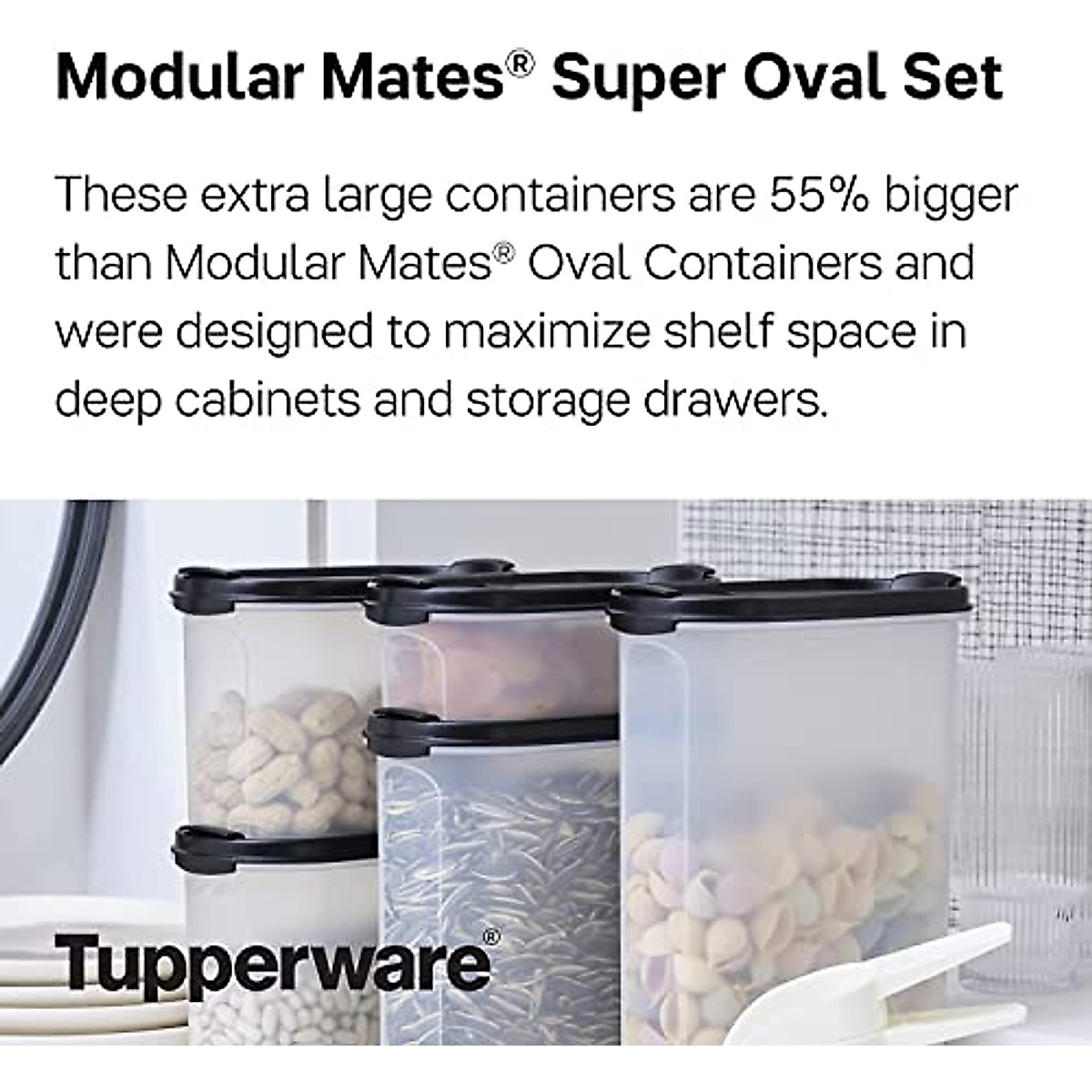 Tupperware Brand Modular Mates Super Oval Container Set - 5 Dry Food Storage Containers with Lids - Airtight, Dishwasher Safe & BPA Free