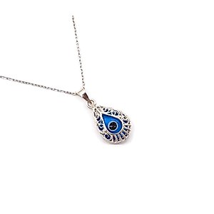 MYSTIC JEWELS By Dalia - 925 Sterling Silver Glass Evil Eye Drop Shape Filigree Pendant with Silver Chain