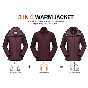CAMEL CROWN Women's Ski Jacket Waterproof 3 in 1 Winter Jacket Windproof Warm Fleece Hooded Snowboard Mountain Snow Coat