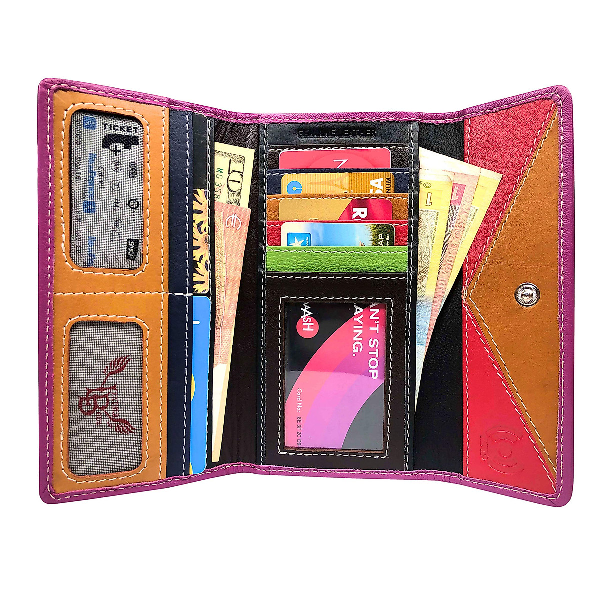 Leather Book® RFID LW-1807 Love Angles Ladies Clutch | 7” wide and Slim Ladies Wallet | 6 Card Slots | 3 card window | Three slides pockets | Malty Color Real Leather