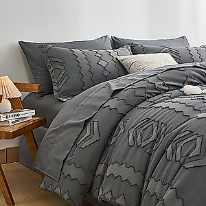 OARAGE Dark Grey Twin Comforter Set 7 Pieces, Tufted Bed in a Bag Twin, Boho Bed Sets, Geometric Embroidery Twin Size Bedding Set, All Season Microfiber Bedding Comforter Set with Sheets