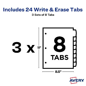 Avery Big Tab Write & Erase Durable Plastic Dividers, 8-Tab Set, Multicolor Brights, 3 Sets (21210)