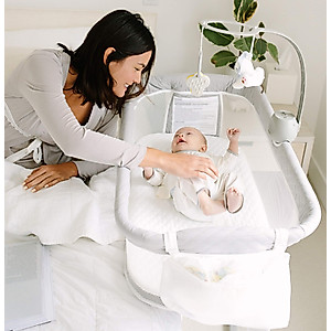 Arm’s Reach Versatile Co-Sleeper Bedside Bassinet Featuring Height-Adjustable Legs with Adjustable Feet, Mobile with Plush Hanging Toy, and Music Box that Plays 5 Tunes, Misty