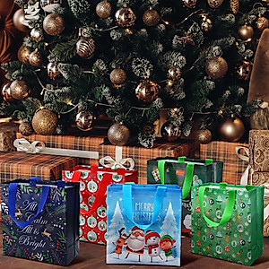 Windyun 100 Pack Non Woven Christmas Gift Bags, 9" x 8.7" x 4.3" Reusable Christmas Tote Bags with Handles Bulk Wrapping Christmas Bags Holiday Xmas Gift Bags with Handle for Party Grocery Shopping