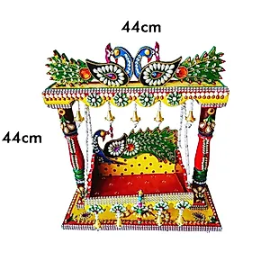 Kundan Work Laddu Gopal Bal Gopal Krishna Wooden Swing Jhula(41x41 cm) Seating Area 10x10 inches & 5 Number Laddu Gopal Seating with Multi-Color Stone Pearl