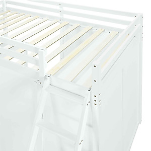 ATY Twin Size Loft Bed with 4 Storage Shelves and Wardrobe, Solid Wood Bedframe w/Desk & Ladder, Maximum Space, No Spring Needed Required, for Kids Teens Adults, White