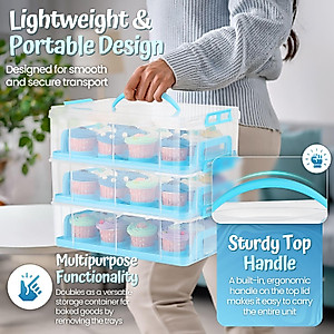Flexzion 36 Cupcake Carrier 3 Tier Stackable Storage Container Collapsible Cake Carrier with Lid and Handle, Reusable Rectangular Plastic Dessert Travel Container, Display Holder Transport Box (Blue)