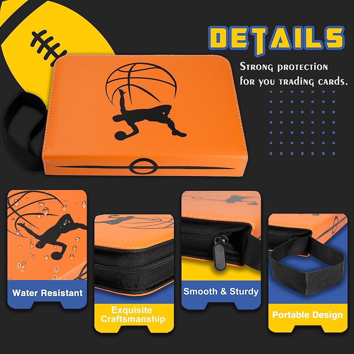 Basketball Card Binder, 4Pocket Zipper Sports card binder, 400 Double Sided Pocket Waterproof Album, Basketball Cards Display Holder, Expandable, For Gaming Cards, Yugioh, MTG and Other TCG (Orange)