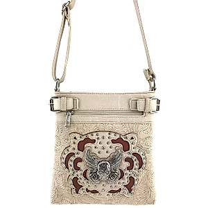 Justin West Tooled Winged Sugar Skull Roses Laser Cut Crossbody Messenger Bag Handbag Purse with Concealed Carry and Phone Slot (Hot Pink)