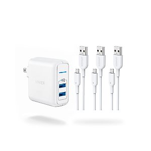 Anker Elite Dual Port 24W Wall Charger & Powerline II Lightning Cable (3 Pack), Compatible with iPhone SE 11 11 Pro 11 Pro Max Xs Max XR X, iPad, and More