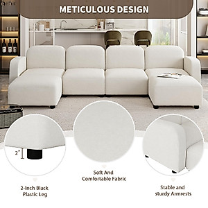 Favfurish 116" U Shaped Modular Sofa,6 Seat Reversible Free Combination Velvet Set,Convertible Sleeper Couched,with Ottoman,for Living, Apartment,Sleeping Room,Beige, 116in