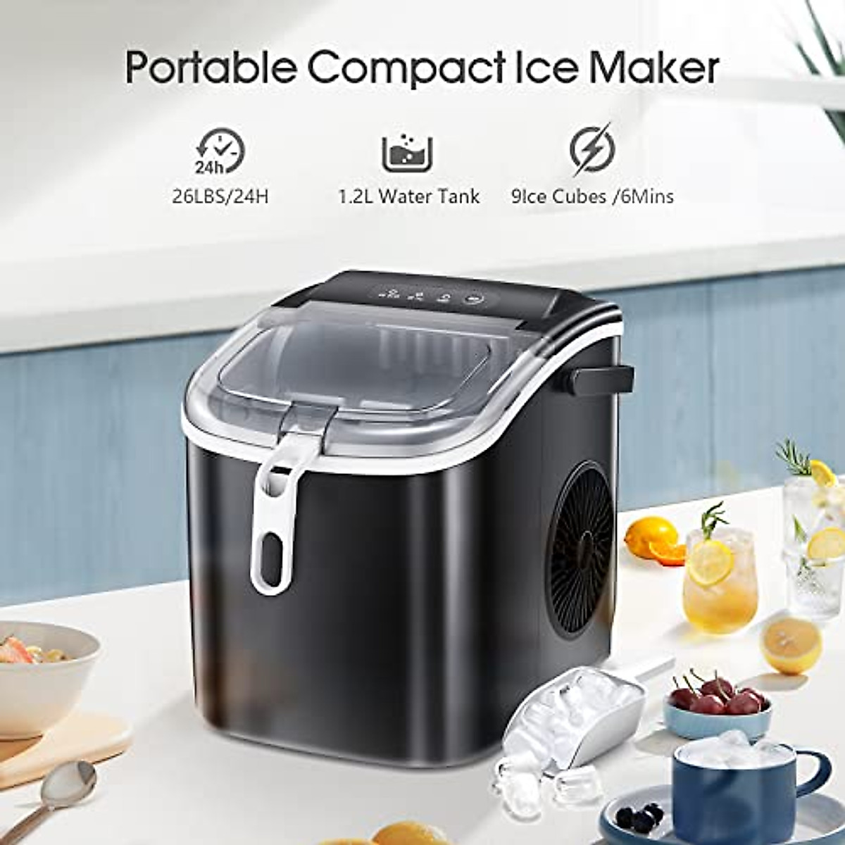 AGLUCKY Ice Makers Countertop,Protable Ice Maker Machine with Handle,Self-Cleaning, 26Lbs/24H, 9 Ice Cubes Ready in 8 Mins, with ice Scoop and Basket,for Home/Office/Kitchen (Black)
