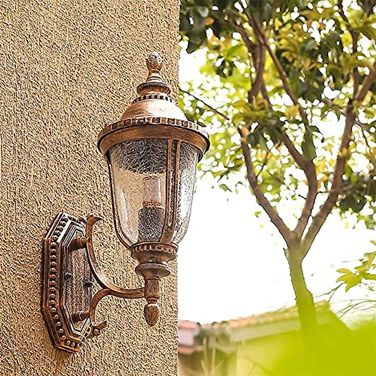 American Rustic Lantern Wall Light Retro Led Antique Fixture Oil Rubbed Bronze Finish Aluminum 45Cm Sconce with Cracked Glass Shade Vintage Lamp for Home Bedroom Garden Yard