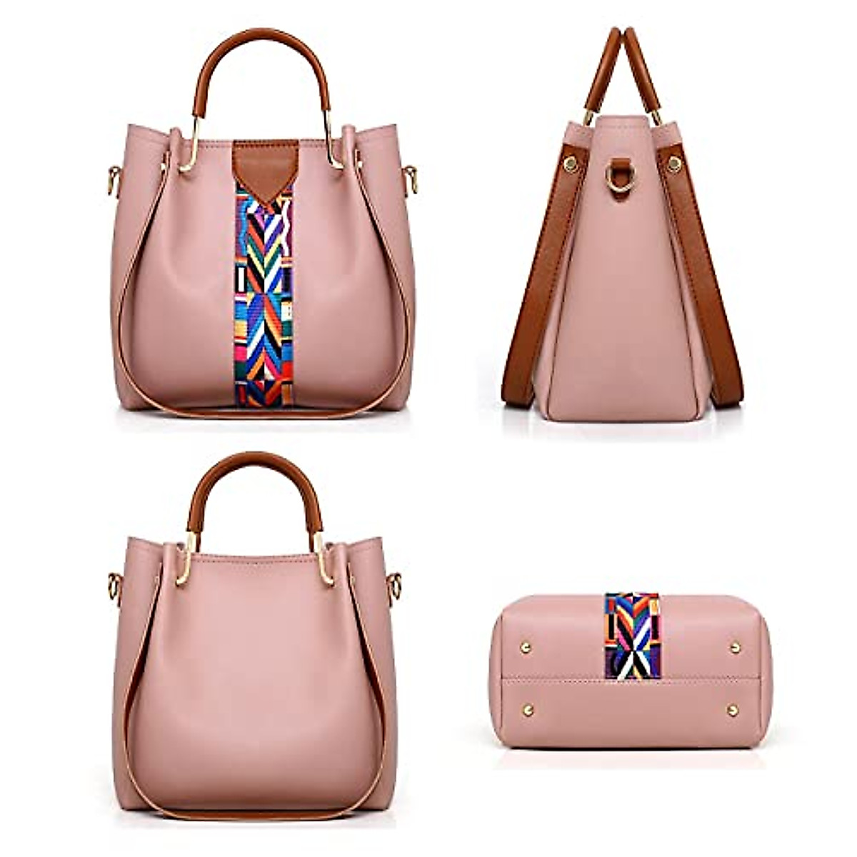 SMALLBLUER 4pcs Hobo Tote and Purse Satchel for Women Top-handle Handbag PU Shoulder Bag Clutch Card Holder-Pink