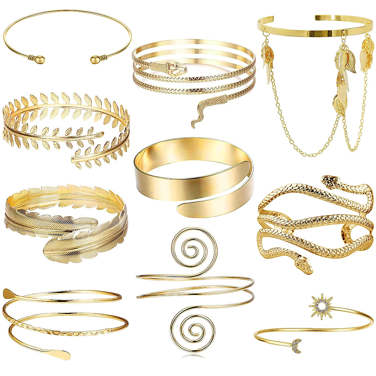 EIELO 10 Pieces Arm Cuff Bracelets for Women Upper Arm Bands Snake Feather Armband Greek Goddess Filigree Swirl Boho Armlet Cuff Bangle Adjustable Gold Arm Bracelet Set…