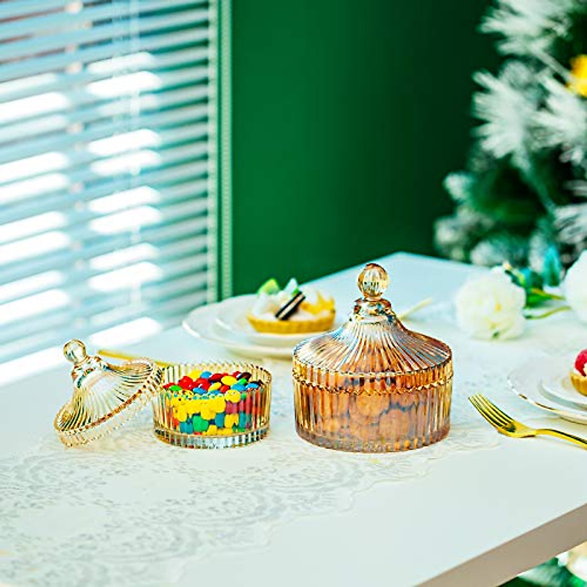 Glass Candy Dish with Lid European Style, Candy Jar Yurt, Glass Food Storage Organization Containers Bowls for Decorative Flour Cookie and Sugar, Amber, Small+Large