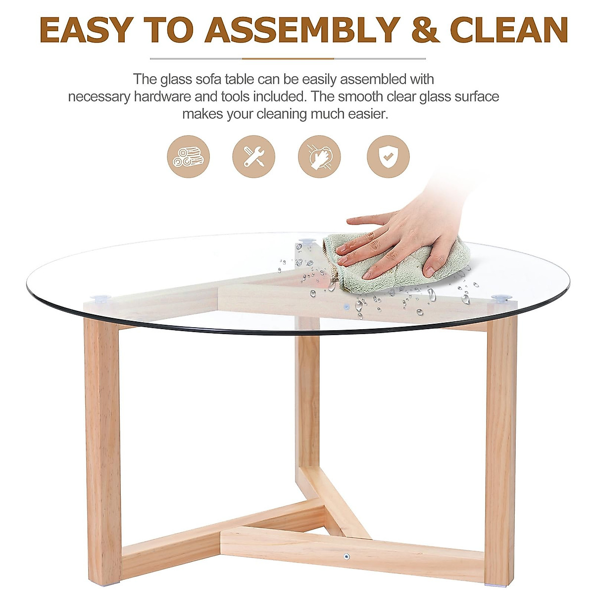 Round Accent Coffee Table, Modern Cocktail Table with Tempered Glass Top and Sturdy Wood Base, Sofa End Table Center Table for Living Room, Office, Small Spaces, Easy to Assemble, Natural