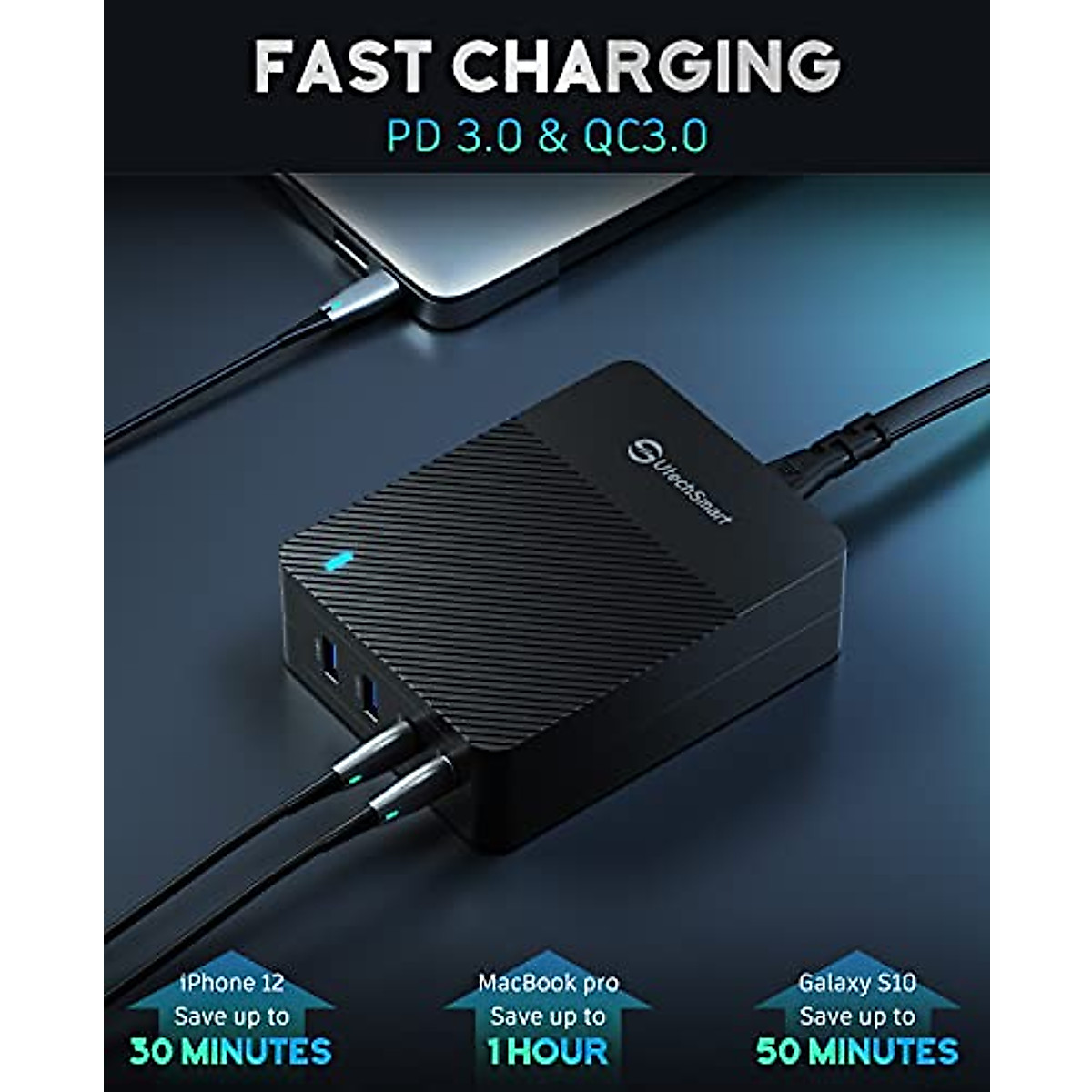 USB C Charger, UtechSmart 100W 4-Port Desktop Type C Charging Station, Portable USB C PD Power Charger Adapter -2 USB C&2 QC 3.0 USB A Ports for MacBook Pro/Air, iPad, iPhone, Galaxy, Laptop and More
