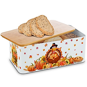 Thanksgiving Bread Box with Bamboo Cutting Board Lid, Modern Metal Bread Storage Container, Farmhouse Thanksgiving Turkey Decorations Table Decor for Dining Room, Thanksgiving Gifts for Women