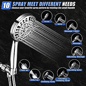 Likense High Pressure Shower Head with Handheld, 10 Spray Settings Water Saving Shower Heads with Stainless Steel Hose,Holder & PTFE Tape, Wider Silver Face for Tubs Tiles Walls Pets Cleaning