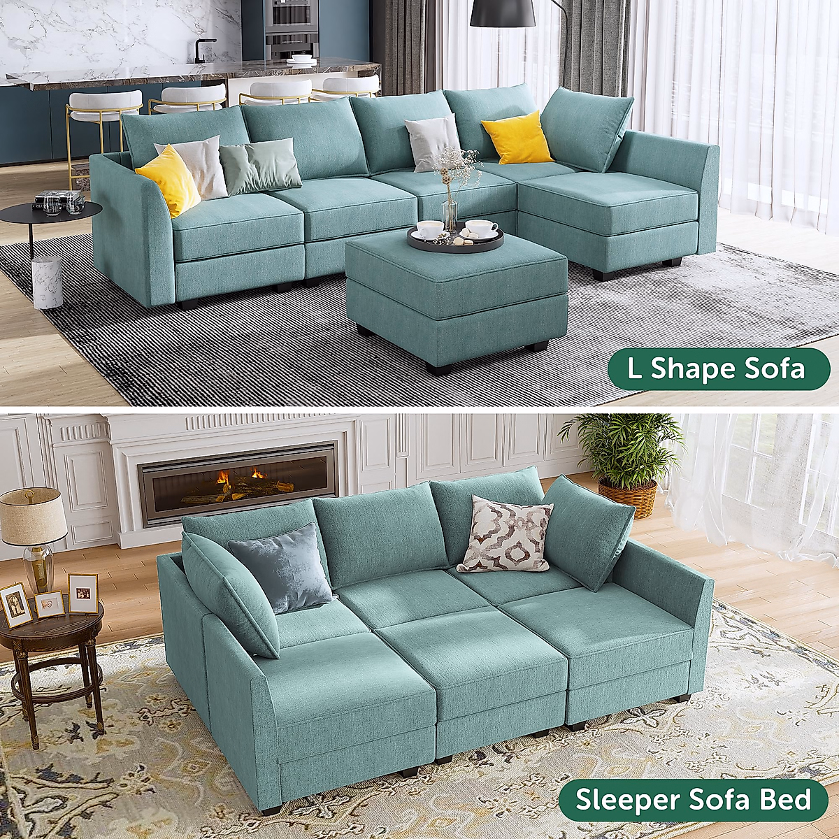 HONBAY Convertible Sectional Sofa with Ottman Set Modular Sectional Couch with Reversible Chaise L Shaped Modular Sofa with Storage Seats for Living Room, Aqua Blue