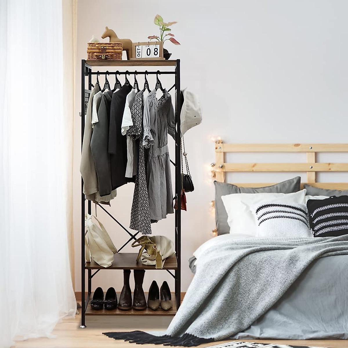 KELIXU Freestanding Coat Rack with Shoe Storage, Industrial Hall Tree Entryway Closet Organizer Shelf and Hooks, Closet Garments Shelf on Wheels for Hallway, Bedroom(Rustic Brown)