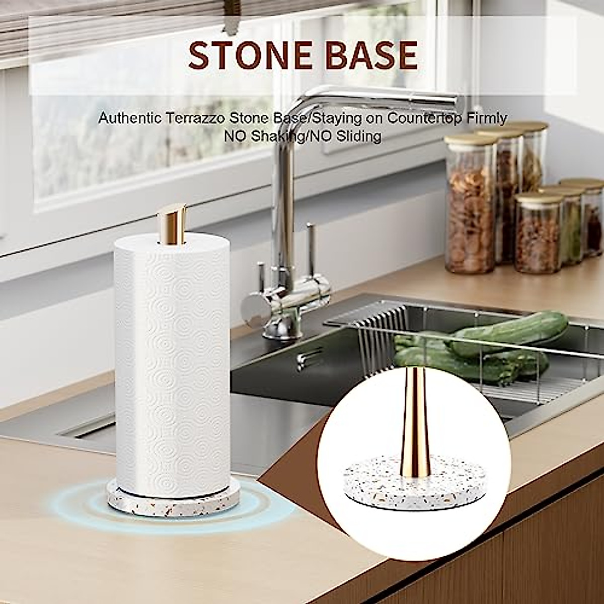 Paper Towel Holder Countertop, Brushed Nickel Waterproof Stainless Steel Paper Towel Stand with Stone Weighted Base, One Handed Tear Paper Towel Roll Holder for Kitchen & Bathroom (Silver)