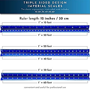 12-Inch Architectural and Engineering Scale Ruler Set (Imperial) | Laser-Etched Aluminum Triangular Drafting Tool | for Architect and Civil Engineer Blueprints | Standard Metal Ruler Included