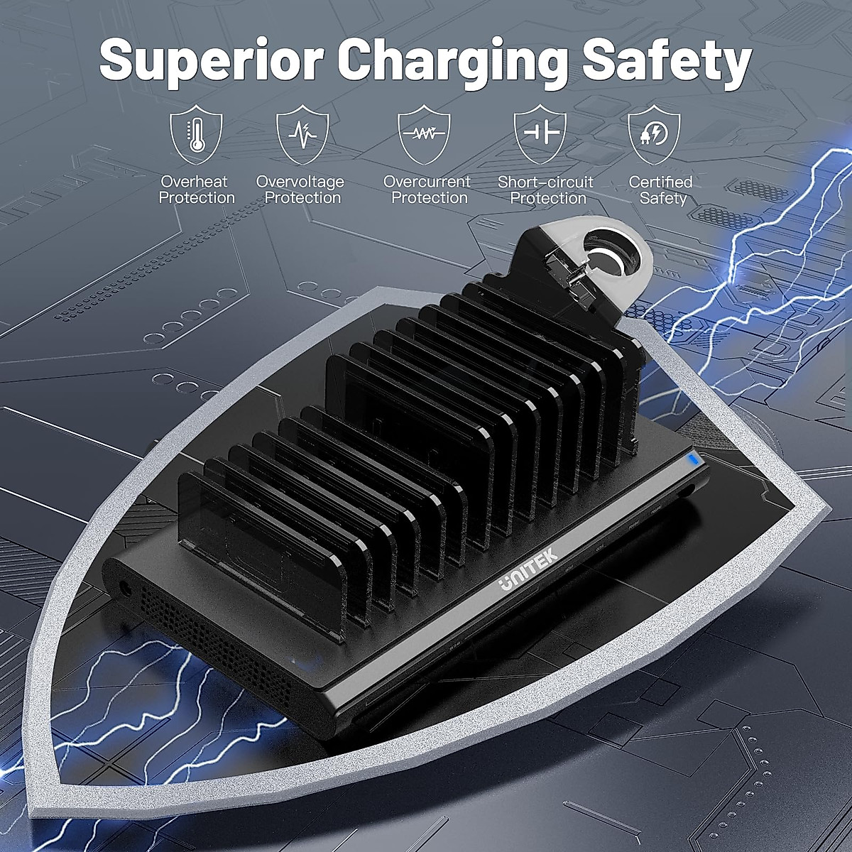 Multi USB Charging Station Unitek 96W 10 Ports Fast Charging Dock with 2 QC 3.0 & 2 PD 18W Charger Station Organizer for Multiple Devices Designed for iPad, iPhone, Tablet, iwatch, Laptop