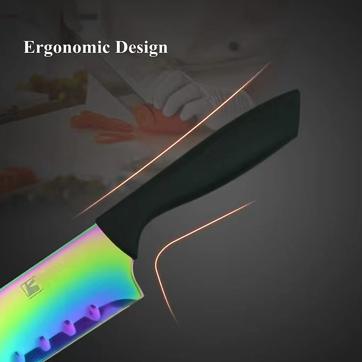 Stainless Steel Knife Set，5Pcs Kitchen Knife Set With Rainbow Titanium Coating Blade,Extremely sharp Non Stick Non Rust Knife Set with Comfortable Handle (Black)