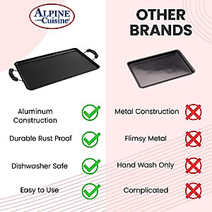 Alpine Cuisine Aluminum Griddle Pan 19x11in | Nonstick Coating & Heat Resistant | Gas Stove Griddle for Cookware with Double Handle - Ideal for BBQ & Serving Pancakes, Hand Wash - Gray