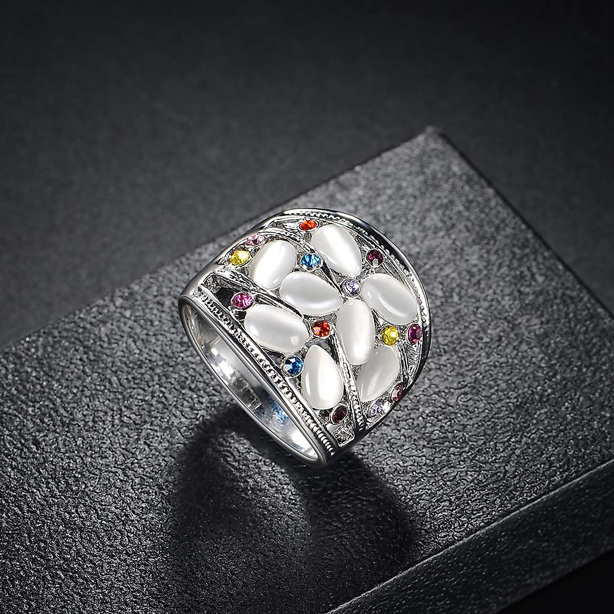 Mytys Waterdrop Cat's Eye Stone Statement Rings for Women Crystal Wide Cocktail Ring Gift (7)