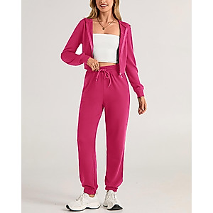 KIRUNDO Women's Fall Two Piece Outfit Long Sleeve Cropped Hoodie Jacket Long Pants Tracksuit Sweatsuits Jogger Set Hot Pink