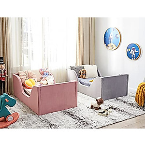 Moogeer Toddler Bed Frame with Removable Safety Rails, Fits Full Size Crib Mattress, Certified Fabric Kids Bed (Gray)