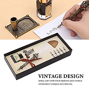 Feather Pen and Ink Set, Glittering Quill Pen Set Antique Calligraphy Dip Pen with Ink, 2 Replacement Nibs, Pen Stand Base, Luxury Vintage Signature Pen