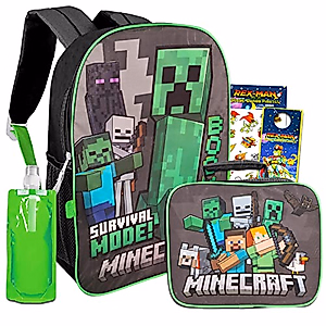 Minecraft Backpack and Lunch Box for Kids - Minecraft School Supplies Bundle with Minecraft Backpack and Lunch Bag Plus Water Pouch, Stickers, More
