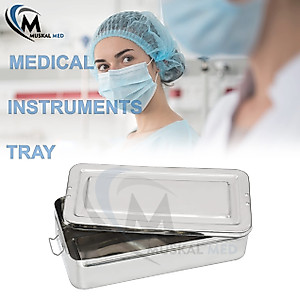 MuskalMed 15.7" x 8" x 3.75" Trays Stainless Steel Dental Instruments Tray Organizer Holder Multi-Function Storage Sterilization Plate Trays Solid Box Cover with Locks