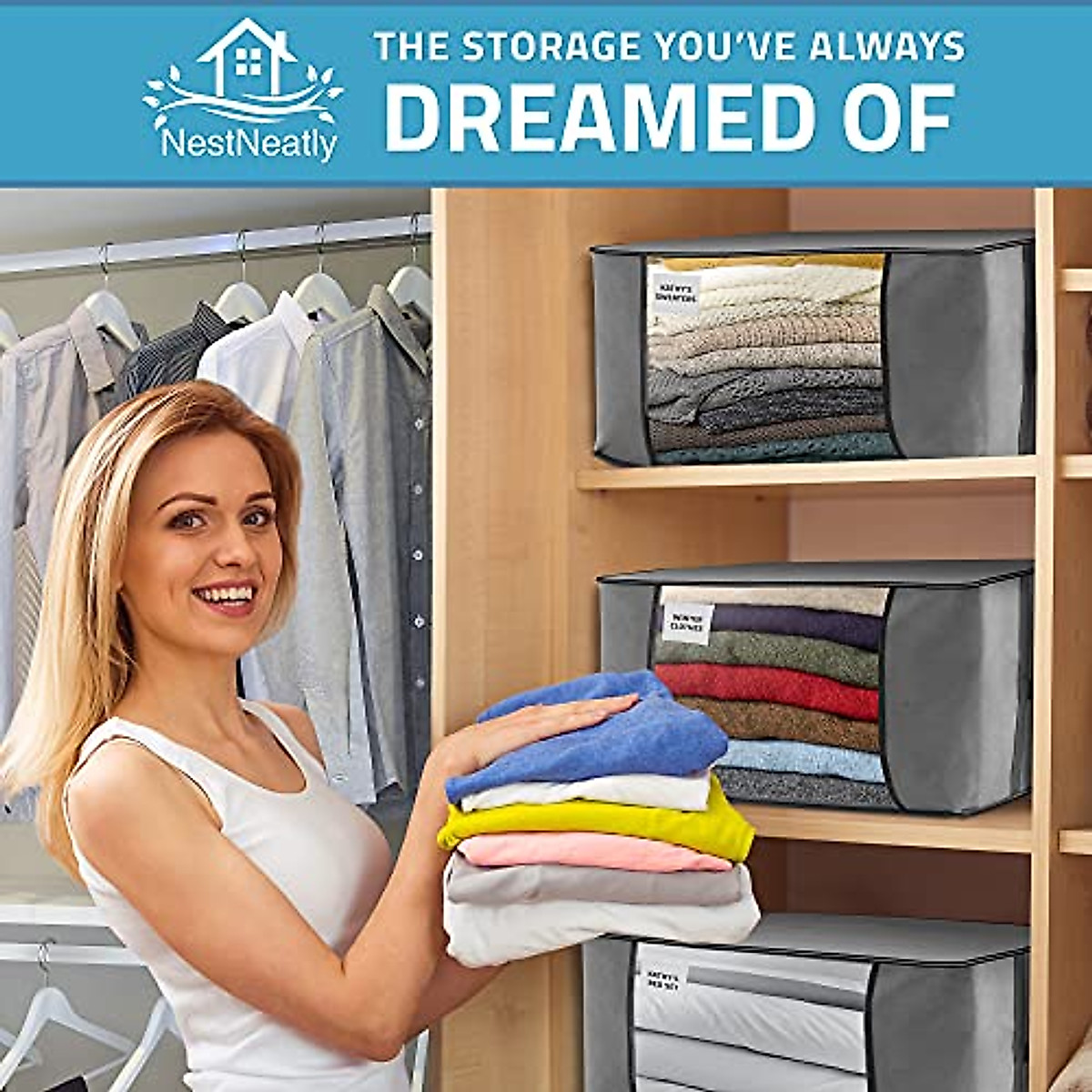 NestNeatly Large Capacity Clothes Storage Bag Organizer with Reinforced Handle for Comforters, Blankets, Bedding, Foldable with Sturdy Zipper, Clear Window, 3 Pack, Gray
