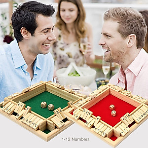 bouti1583 Shut The Box Dice Game,Classic 4 Sided Wooden Board Game Flip 12 Number Classic Tabletop Games for 2-4 Player Green(Big Size)
