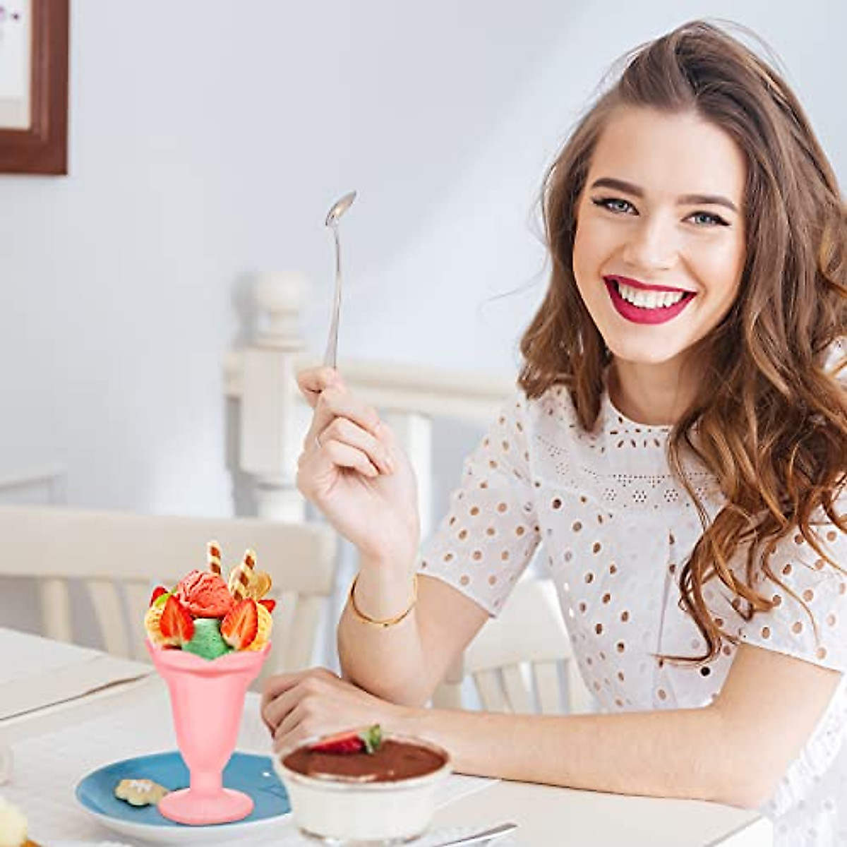 6 Pcs 7.5 oz Glass Tulip Sundae Cups Ice Cream Bowls Parfait Glasses Frosted Footed Vintage Dessert Cup for Milkshake Candy, Pink, Yellow, Blue, 5.31 x 3.94 x 3.15 Inch