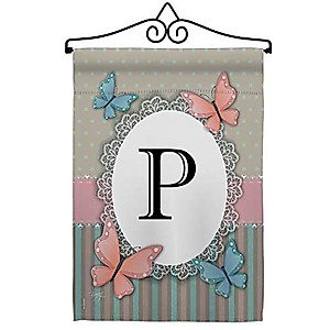 Breeze Decor P Initial Garden Flag Set Wall Hanger Monogram Friends Bugs & Frogs Butterfly Ladybugs Dragonfly Bee Springtime Insect Natural Wildlife House Yard Gift Double-Sided, Made in USA